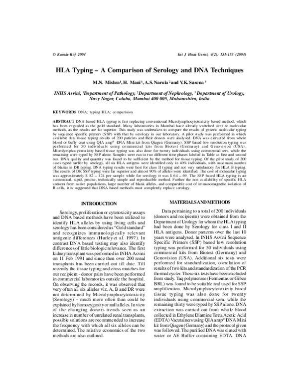 (PDF) HLA Typing – A Comparison of Serology and DNA Techniques