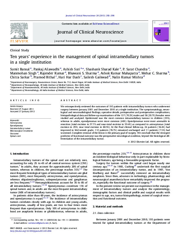 (PDF) Ten years’ experience in the management of spinal intramedullary tumors in a single ...
