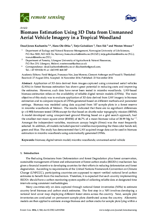 (PDF) Biomass Estimation Using 3D Data from Unmanned Aerial Vehicle ...