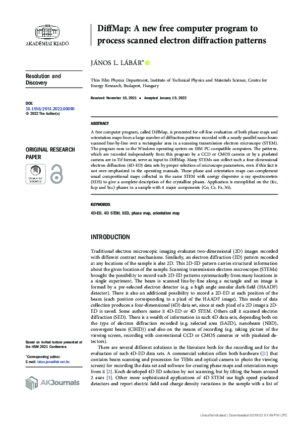 (PDF) DiffMap: A new free computer program to process scanned electron diffraction patterns