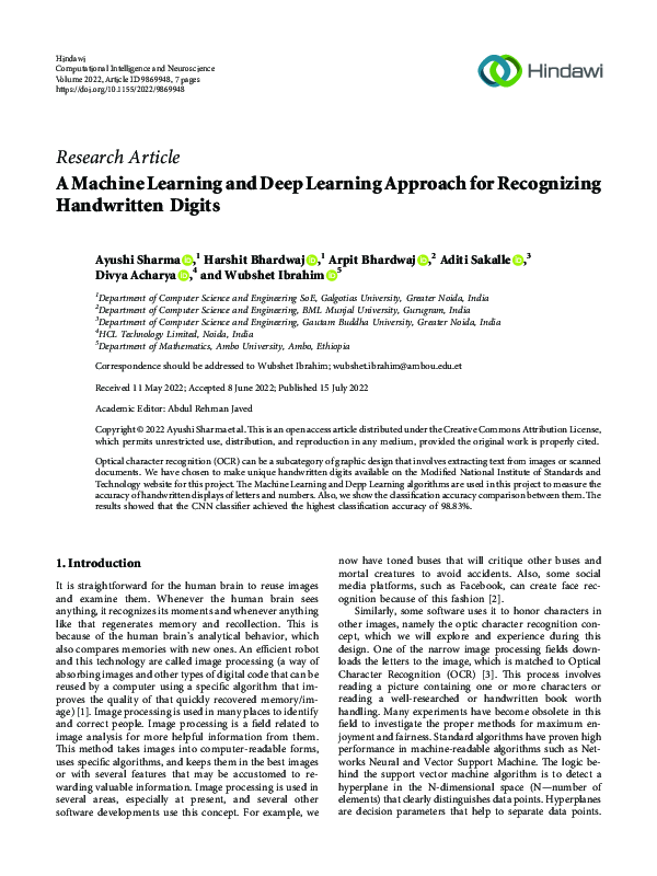 (PDF) A Machine Learning and Deep Learning Approach for Recognizing Handwritten Digits