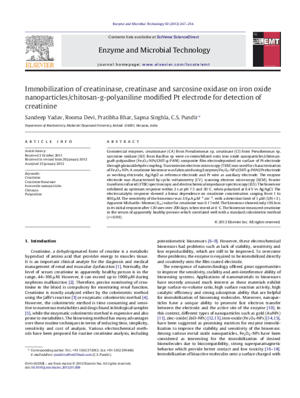 (PDF) Immobilization of creatininase, creatinase and sarcosine oxidase on iron oxide ...