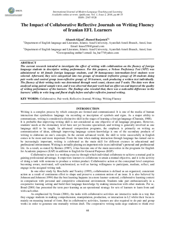 Pdf The Impact Of Collaborative Reflective Journals On Writing Fluency Of Iranian Efl Learners