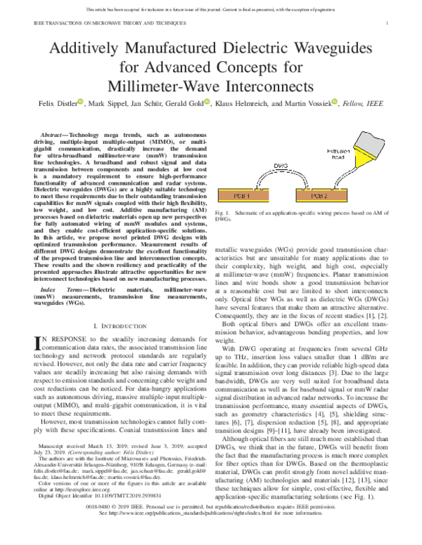 (PDF) Additively Manufactured Dielectric Waveguides for Advanced Concepts for Millimeter-Wave ...