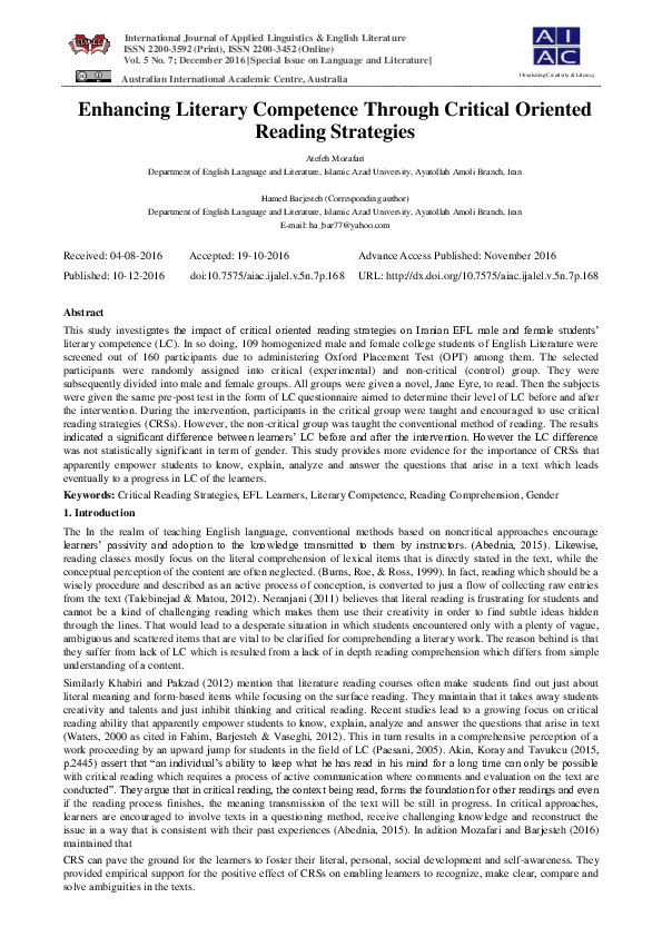 (PDF) Enhancing Literary Competence Through Critical Oriented Reading Strategies