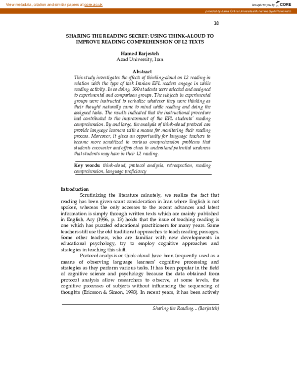 (PDF) Sharing the Reading Secret: Using Think-Aloud to Improve Reading Comprehension of L2 Texts ...