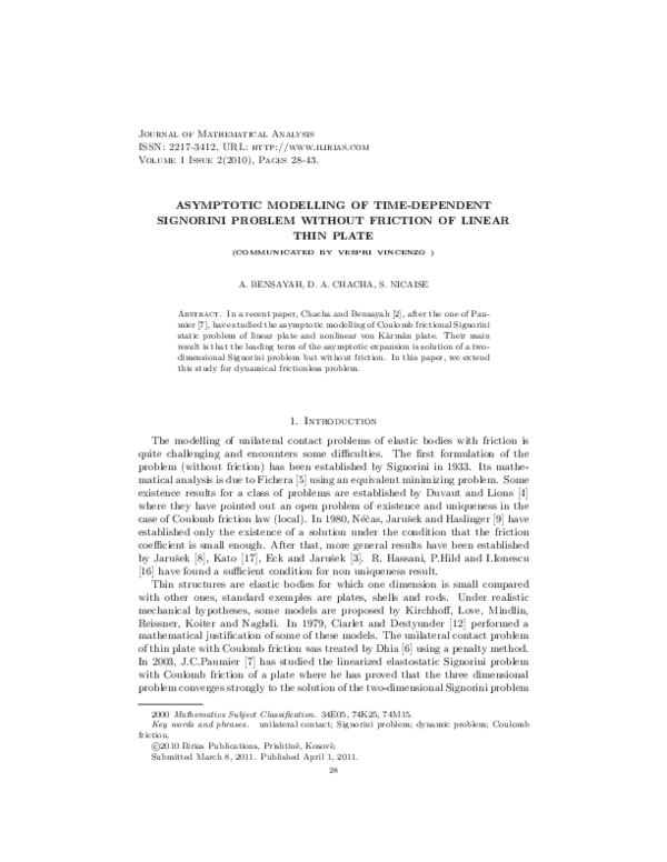 (PDF) Asymptotic modelling of time-dependent Signorini problem without ...
