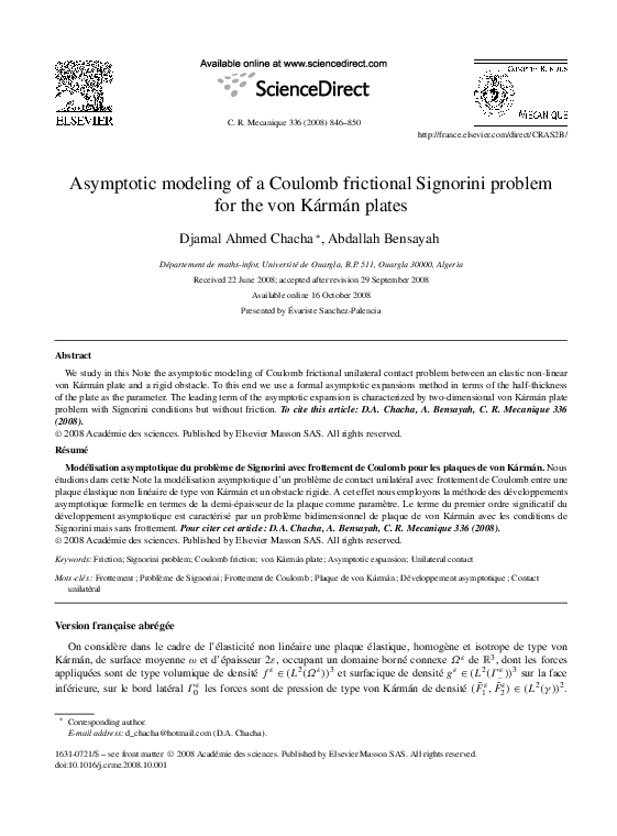 (PDF) Asymptotic modeling of a Coulomb frictional Signorini problem for ...