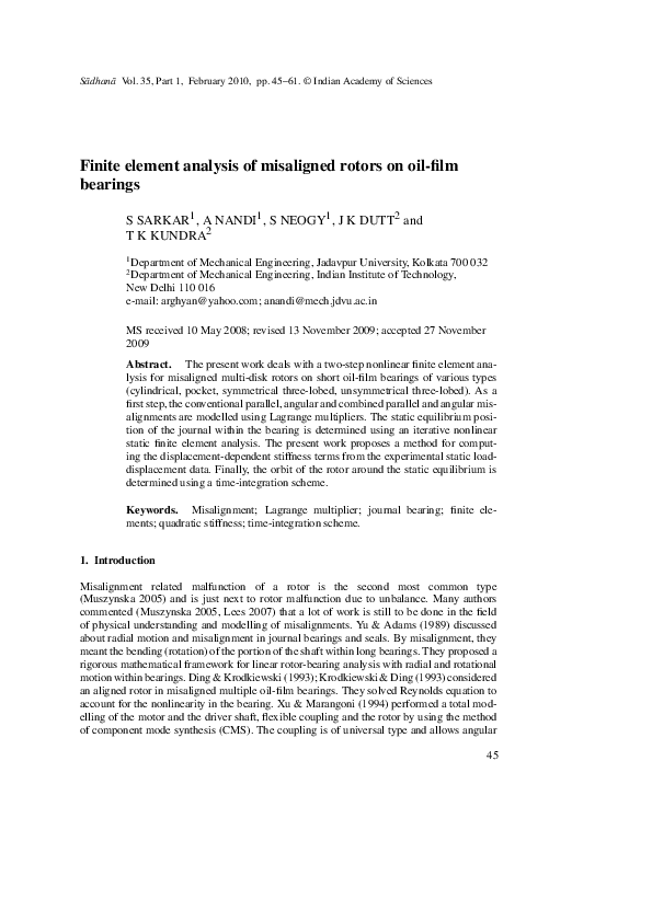(PDF) Finite element analysis of misaligned rotors on oil-film bearings