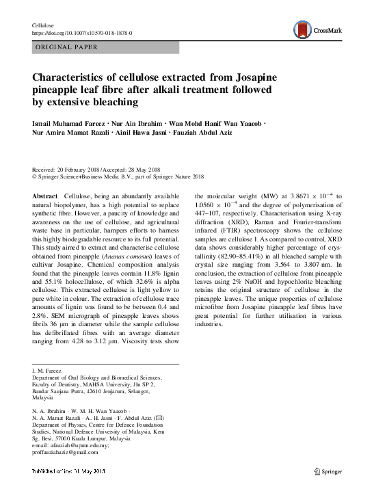 (PDF) Characteristics of cellulose extracted from Josapine pineapple ...