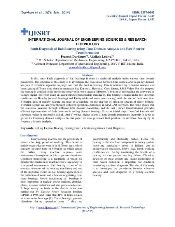 Pdf Fault Diagnosis Of Ball Bearing Using Time Domain Analysis And