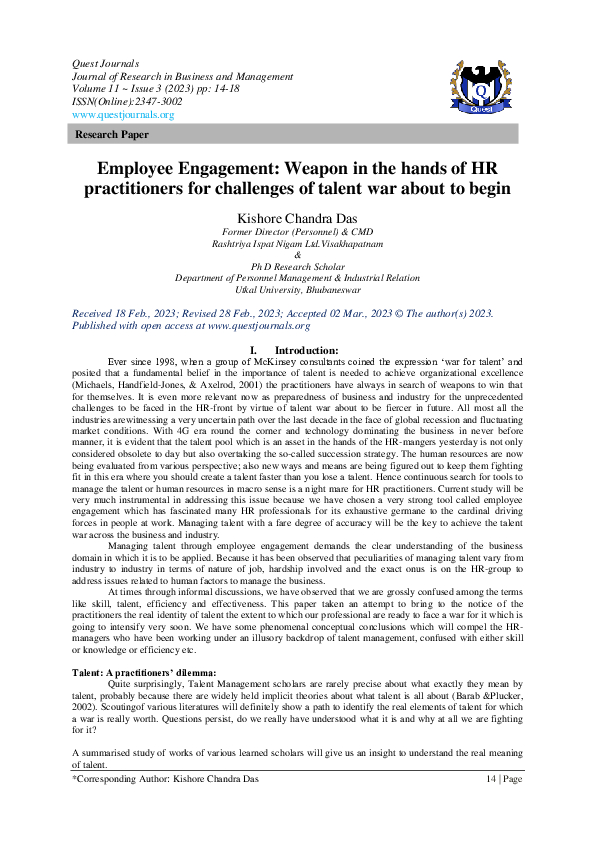 (PDF) Employee Engagement: Weapon in the hands of HR practitioners for ...