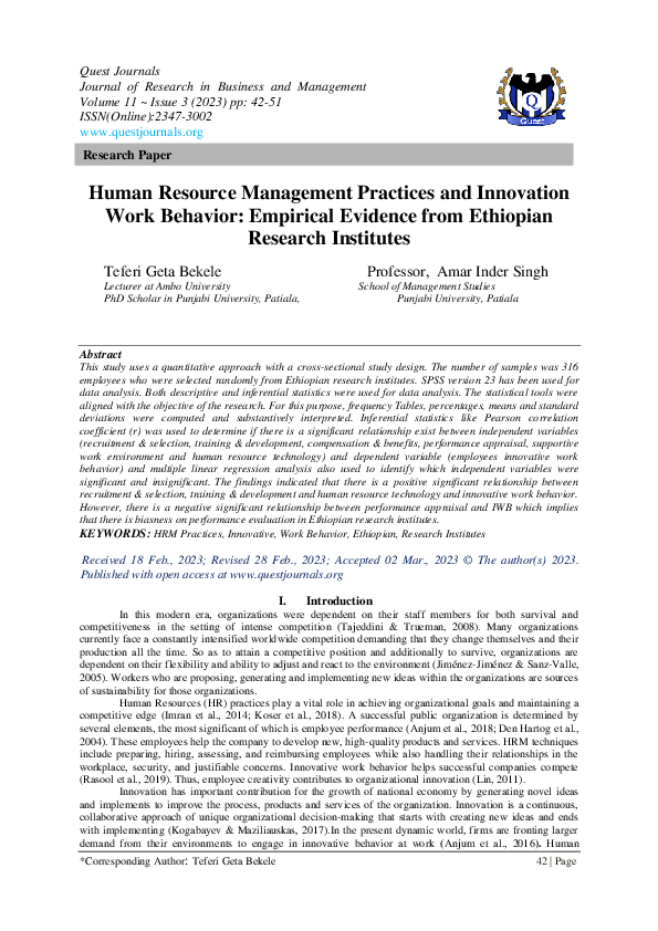 Pdf Human Resource Management Practices And Innovation Work Behavior Empirical Evidence From