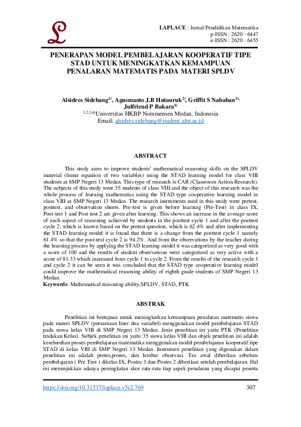 (PDF) Penerapan Model Pembelajaran Kooperatif Tipe Stad Untuk Meningkatkan Kemampuan Penalaran ...