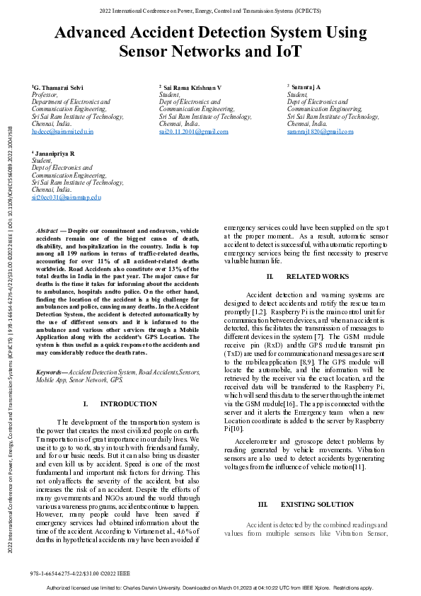 Pdf Advanced Accident Detection System Using Sensor Networks And Iot