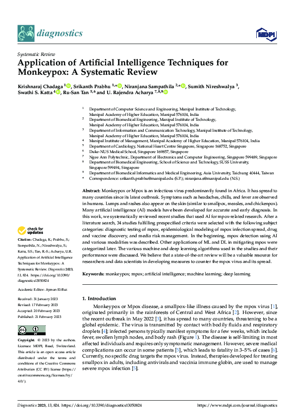 (PDF) Application of Artificial Intelligence Techniques for Monkeypox: A Systematic Review