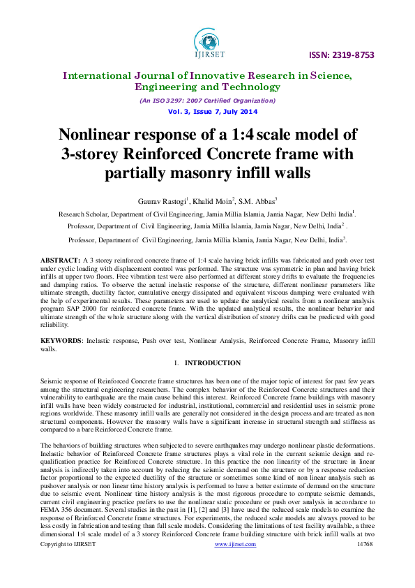 (PDF) Nonlinear response of a 1:4 scale model of3-storey Reinforced Concrete frame withpartially ...