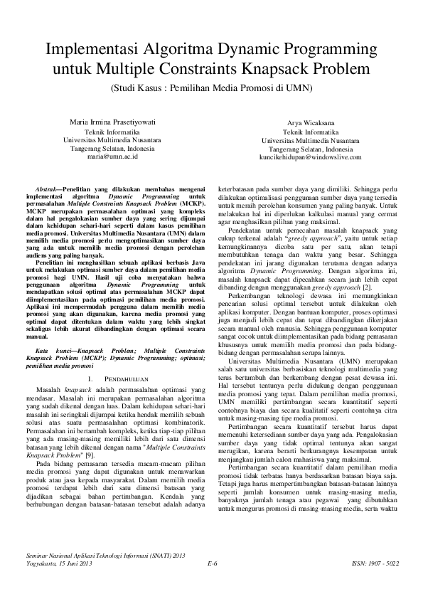 Pdf Implementasi Algoritma Dynamic Programming Untuk Multiple Constraints Knapsack Problem