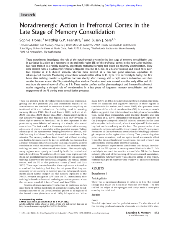 (PDF) Noradrenergic Action in Prefrontal Cortex in the Late Stage of Memory Consolidation