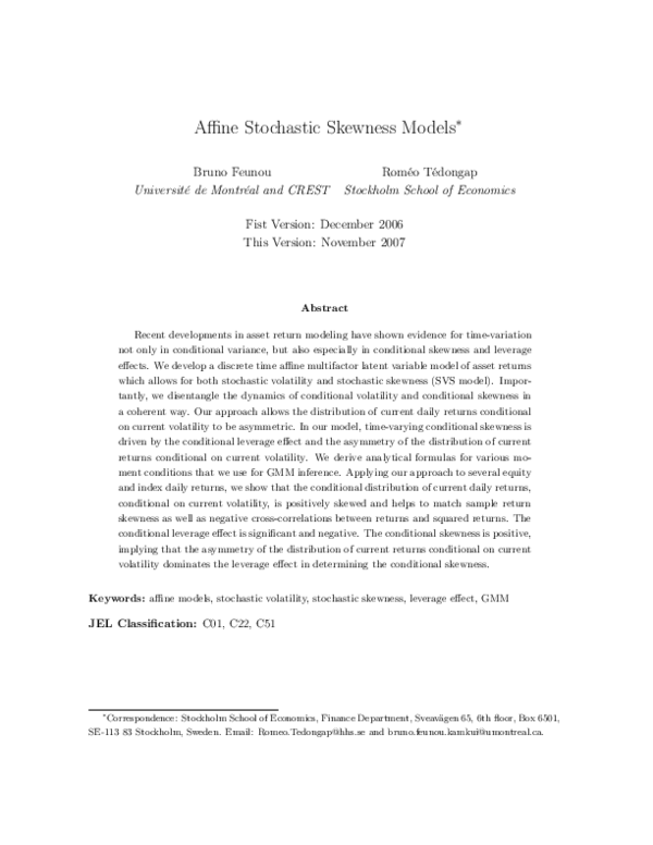 (PDF) Affine Stochastic Skewness Models ∗