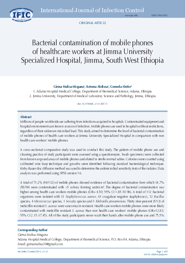 (PDF) Bacterial contamination of mobile phones of healthcare workers at ...