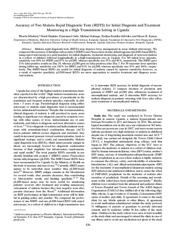 (PDF) Accuracy of Two Malaria Rapid Diagnostic Tests (RDTS) for Initial ...