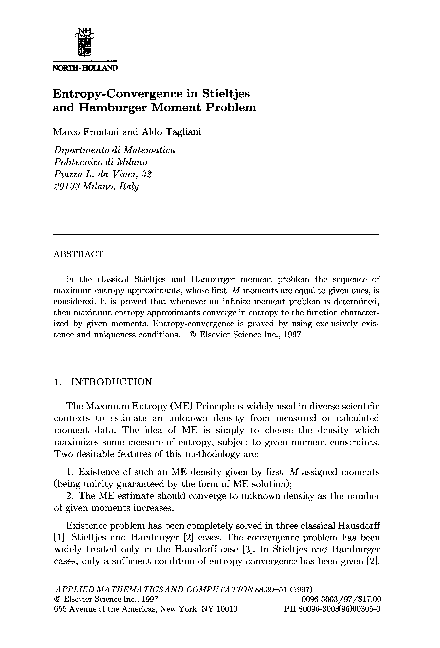 (PDF) Entropy-convergence in Stieltjes and Hamburger moment problem