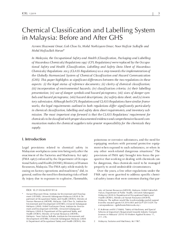 (PDF) Chemical Classification and Labelling System in Malaysia: Before ...