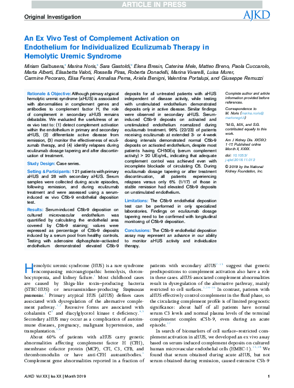 (PDF) An Ex Vivo Test of Complement Activation on Endothelium for ...