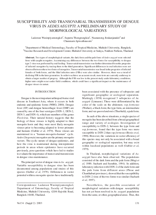 (PDF) Susceptibility and transovarial transmission of dengue virus in ...