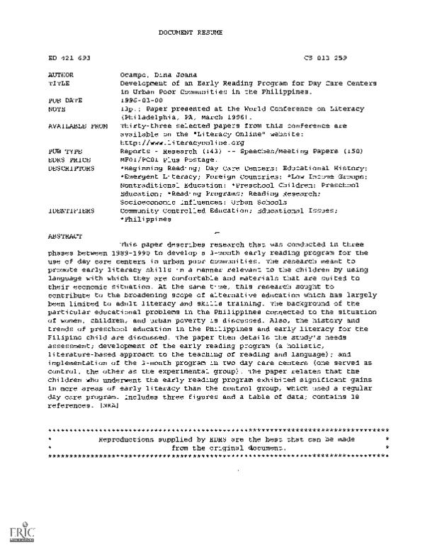 (PDF) Development of an Early Reading Program for Day Care Centers in ...