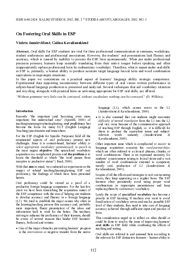 (PDF) On fostering oral skills in ESP