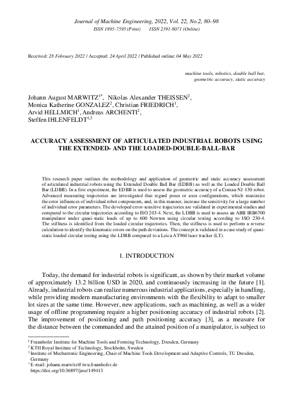 Pdf Assessing Robot Accuracy With Double Ball Bars