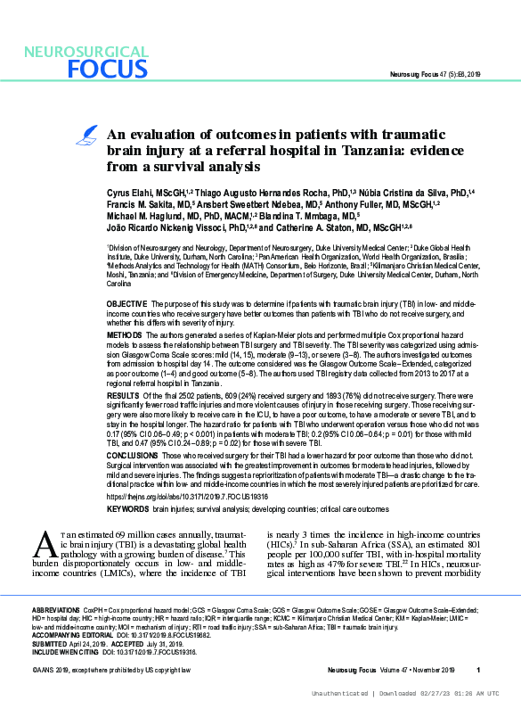 (PDF) An evaluation of outcomes in patients with traumatic brain injury ...