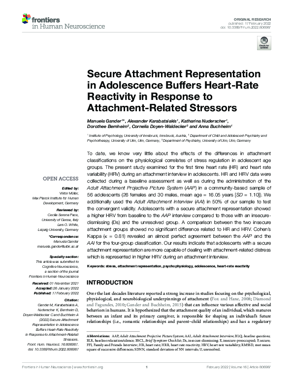 (PDF) Secure Attachment Representation in Adolescence Buffers Heart-Rate Reactivity in Response ...