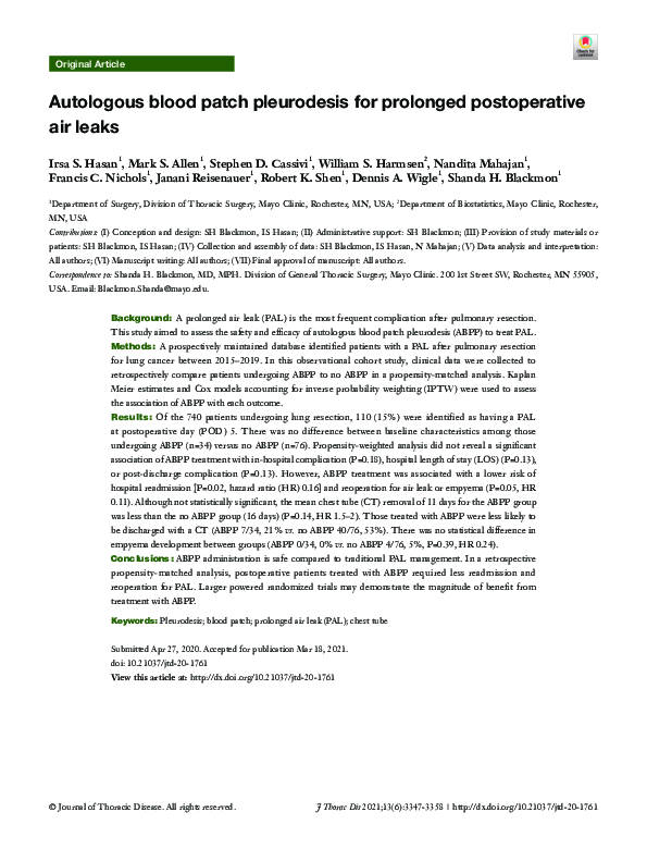 (PDF) Autologous blood patch pleurodesis for prolonged postoperative ...