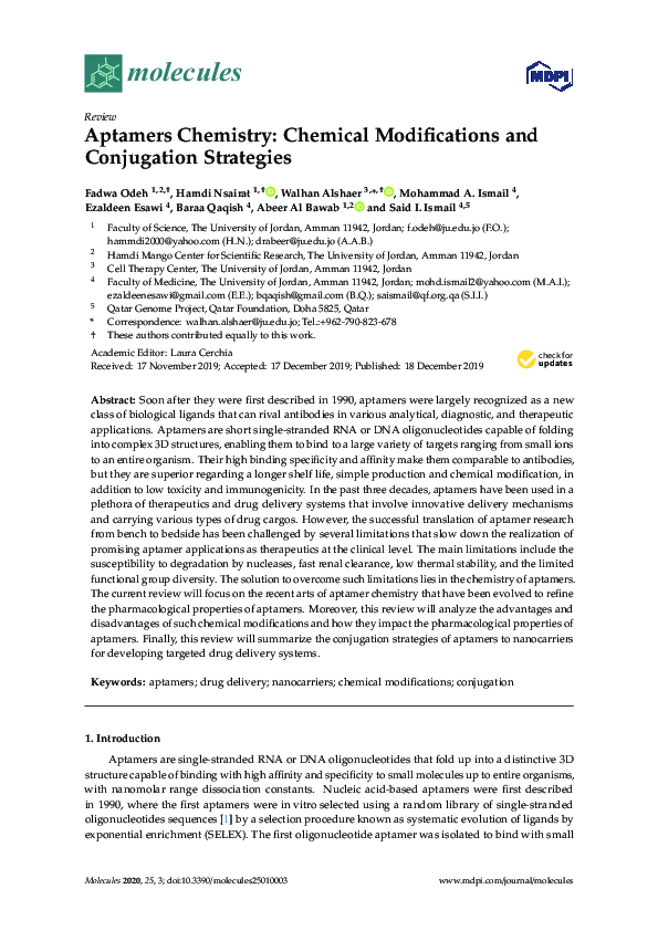 (PDF) Aptamers Chemistry: Chemical Modifications and Conjugation Strategies