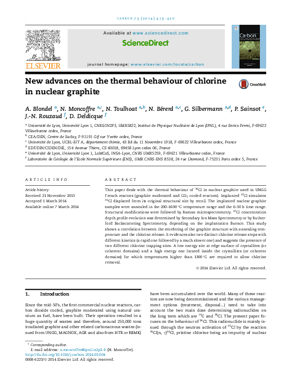 (PDF) New advances on the thermal behaviour of chlorine in nuclear graphite