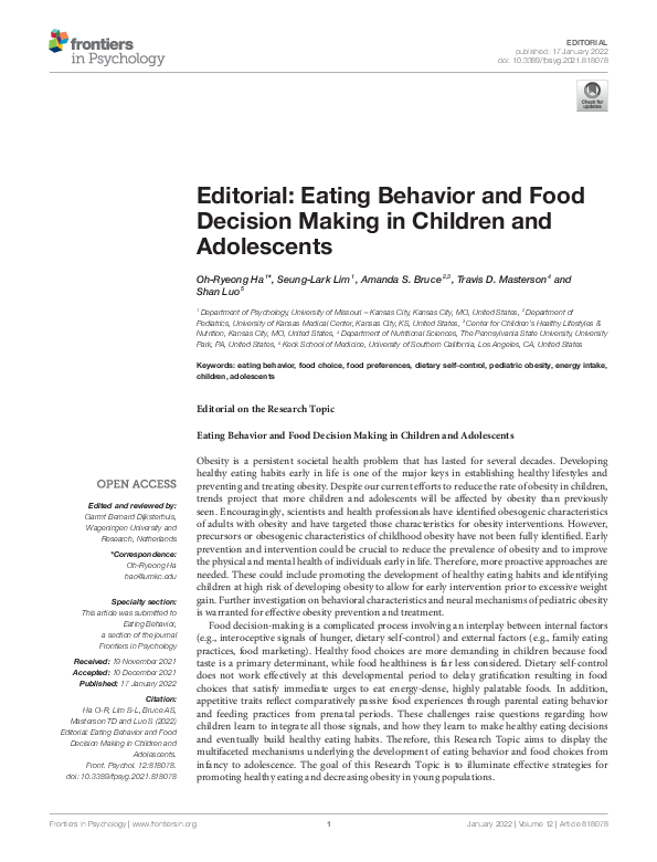 (PDF) Editorial: Eating Behavior and Food Decision Making in Children ...