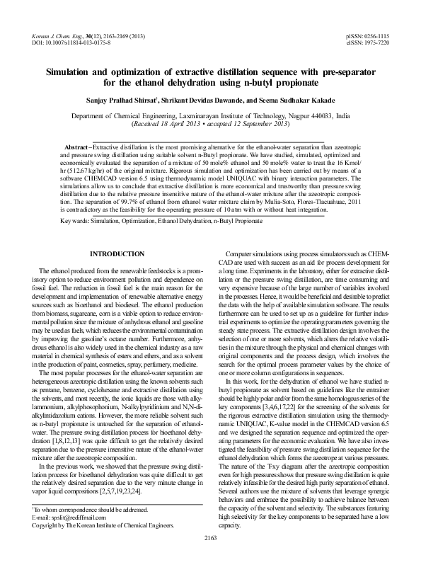 (PDF) Simulation and optimization of extractive distillation sequence ...