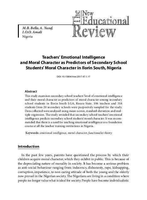 (PDF) Teachers’ Emotional Intelligence and Moral Character as ...