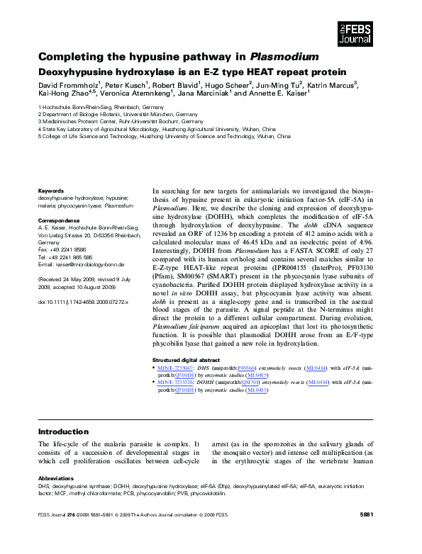 (PDF) Completing the hypusine pathway in Plasmodium