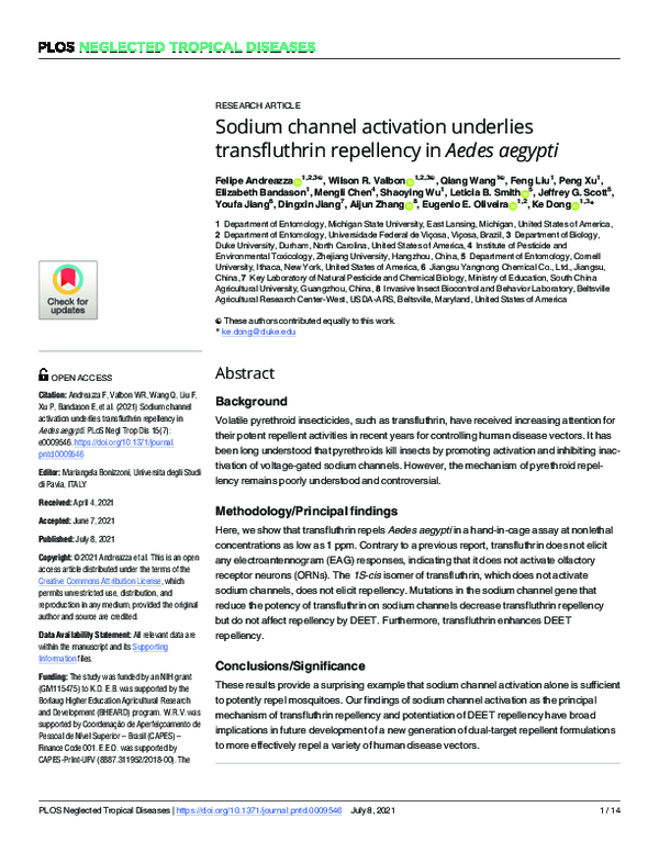 (PDF) Sodium channel activation underlies transfluthrin repellency in Aedes aegypti