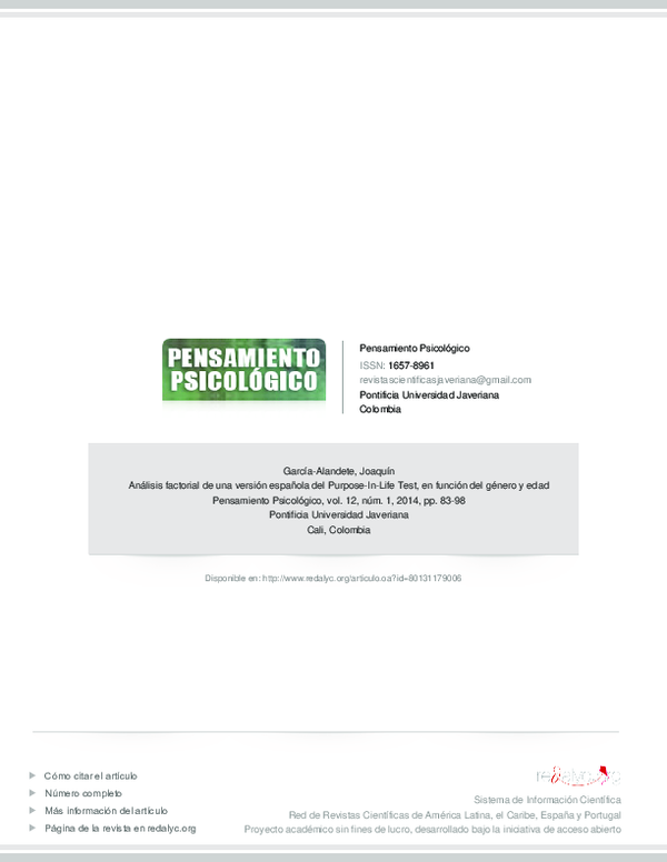 (PDF) Análisis factorial de una versión española de Purpose-In-Life ...