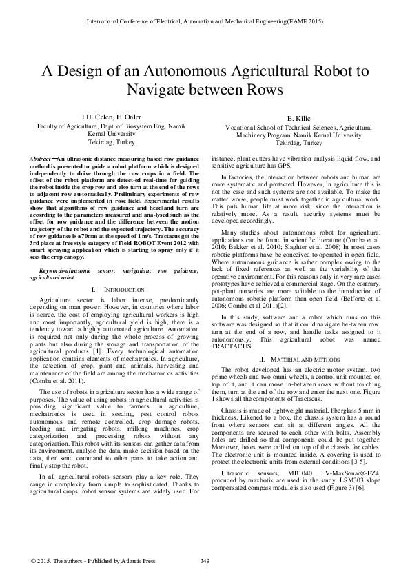 (PDF) A Design of an Autonomous Agricultural Robot to Navigate between Rows