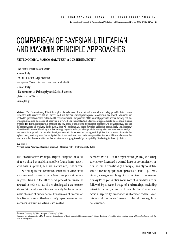 (PDF) Comparison of Bayesian-Utilitarian and Maximin Principle Approaches