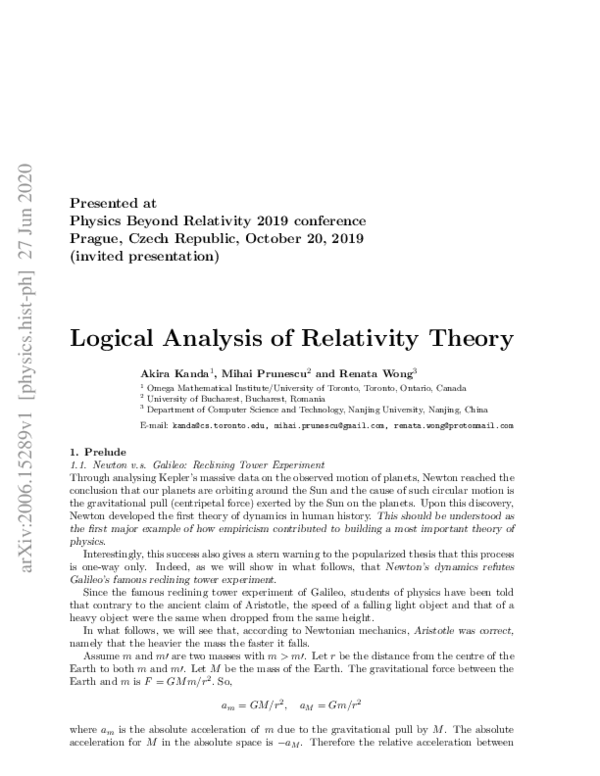 (PDF) Logical Analysis of Relativity Theory
