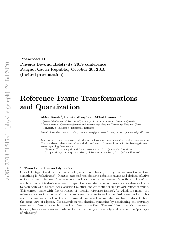 (PDF) Reference Frame Transformations and Quantization