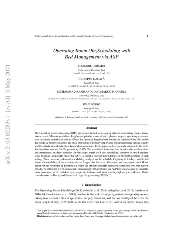 (PDF) Operating Room (Re)Scheduling with Bed Management via ASP
