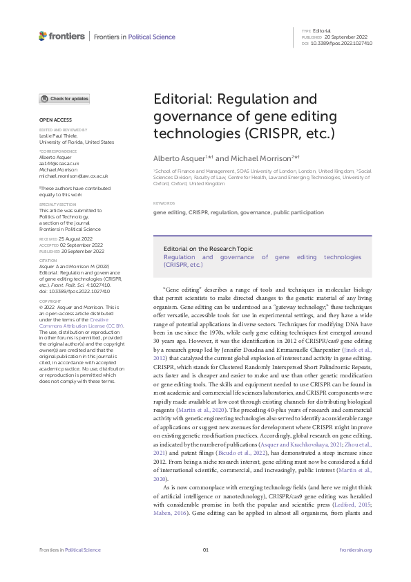 (PDF) Editorial: Regulation and governance of gene editing technologies ...
